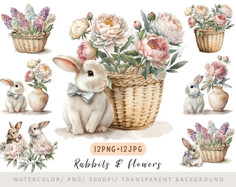 Clipart Rabbits and Flowers, Watercolor Clipart, Rabbits Clipart ...