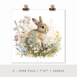 Sublimation Rabbit Watercolor Design, Cute Rabbit in Wildflowers ...