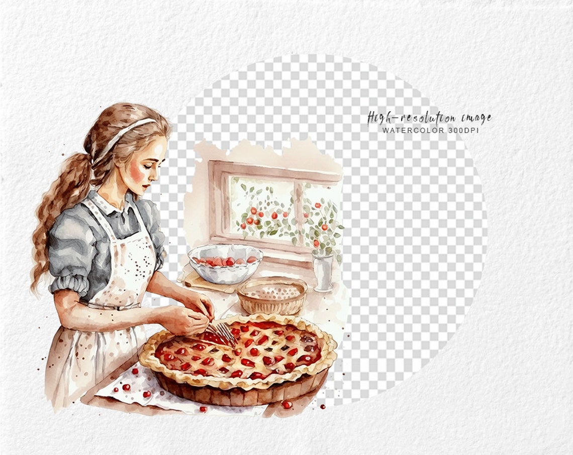 Cherry Pie Clipart, Girl Bakes Pie Clipart, Kitchen Clipart, Cooking ...
