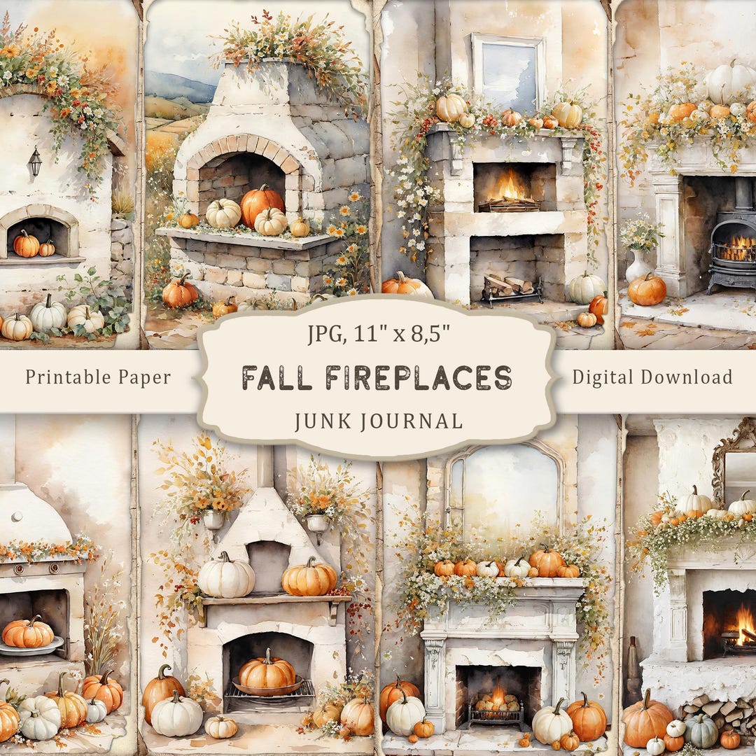 Fall Fireplaces Junk Journal Kit, Watercolor Autumn Fireplaces ...