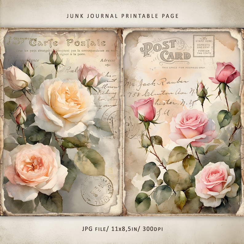 Rose Garden Junk Journal Kit, Watercolor Shabby Chic Roses Printable ...