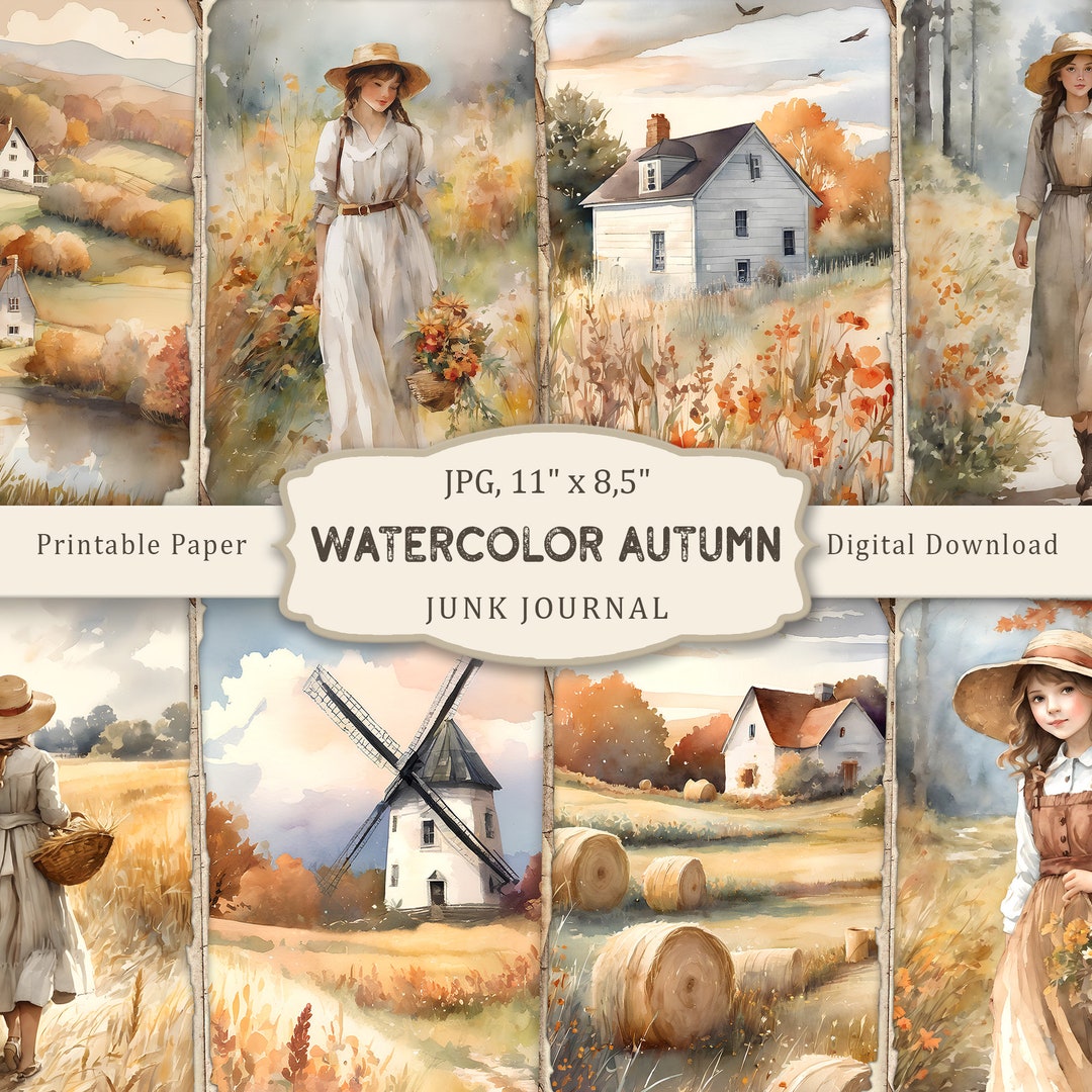 Watercolor Autumn-1 Junk Journal Kit, Autumn Landscapes Printable Pages ...