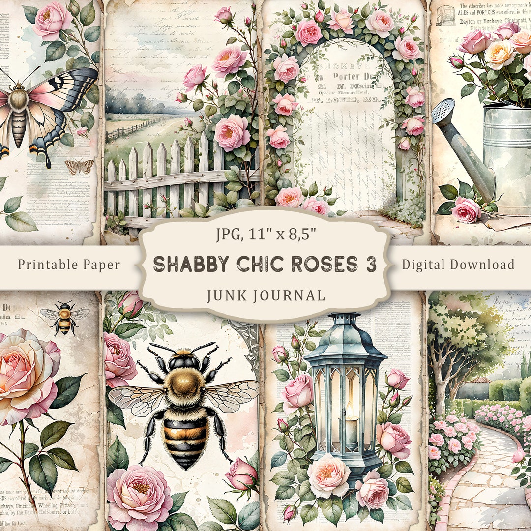 Shabby Chic Roses-3 Junk Journal Kit, Floral Shabby Chic Roses Pages ...