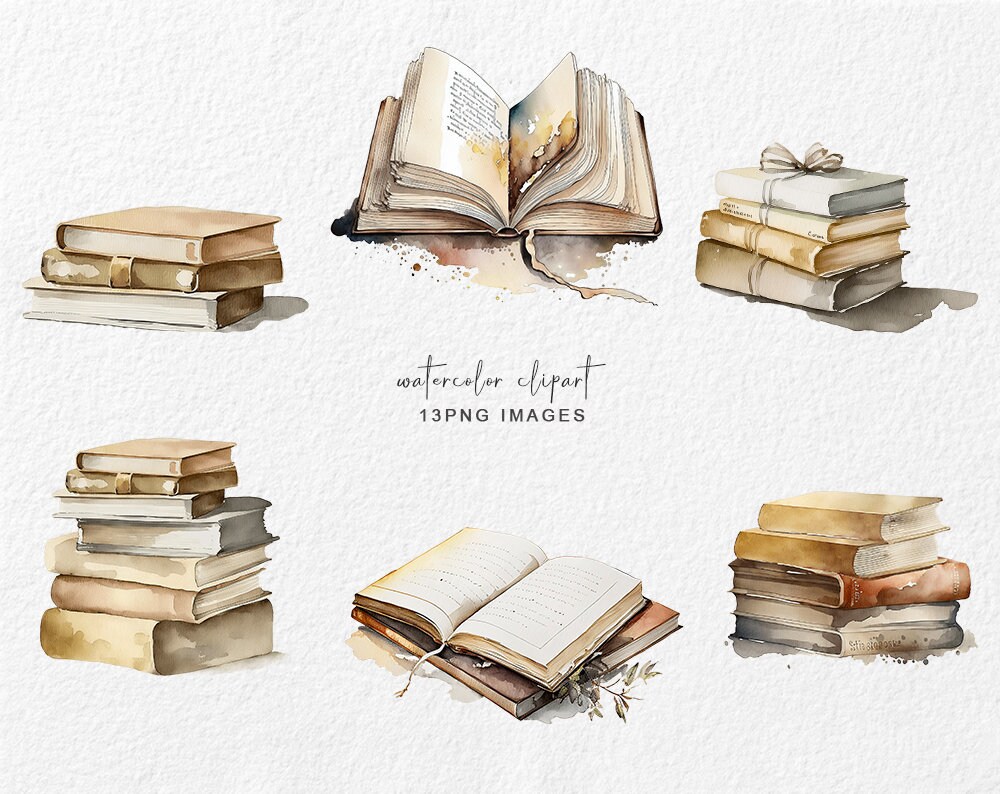 Books Watercolor Clipart, Vintage Book Clipart, Book Cafe, Old Book ...