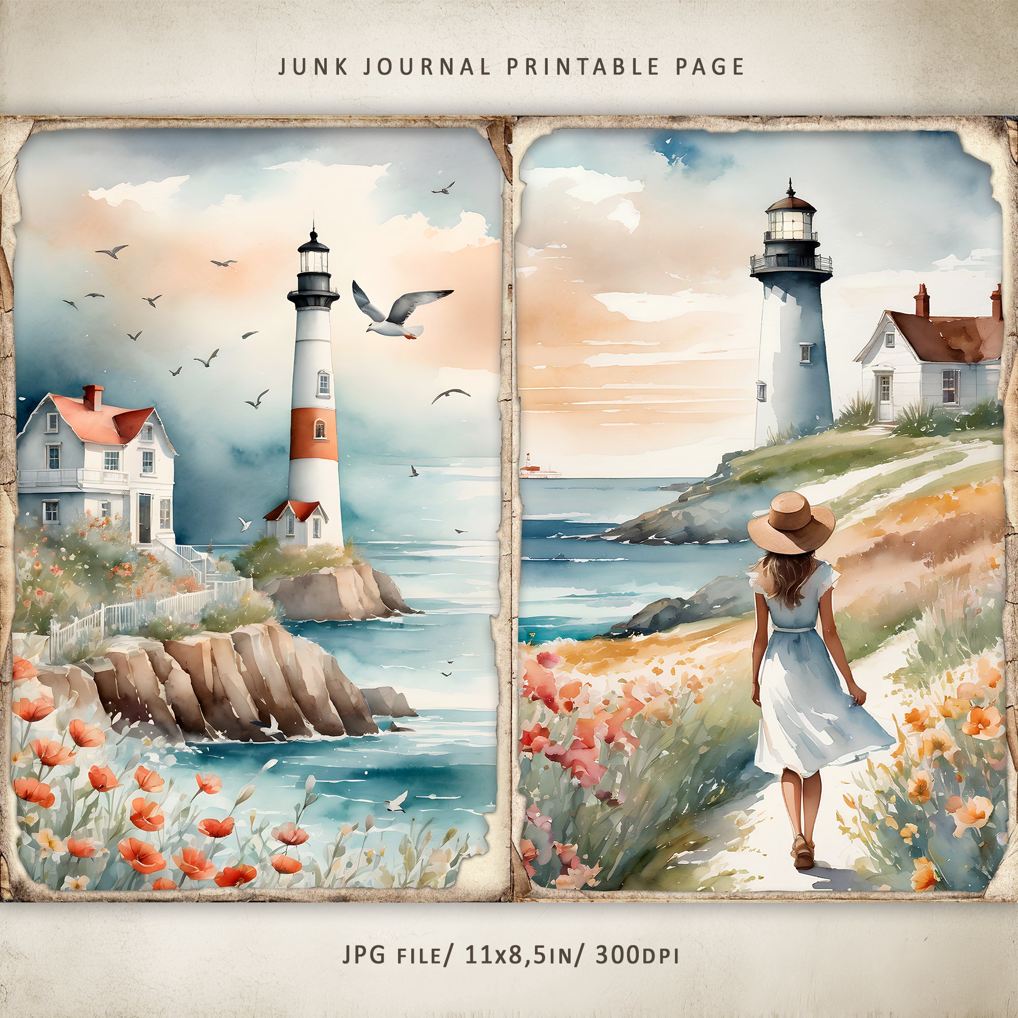 Whisper Lighthouse-1 Junk Journal Kit, Watercolor Lighthouse Printable ...