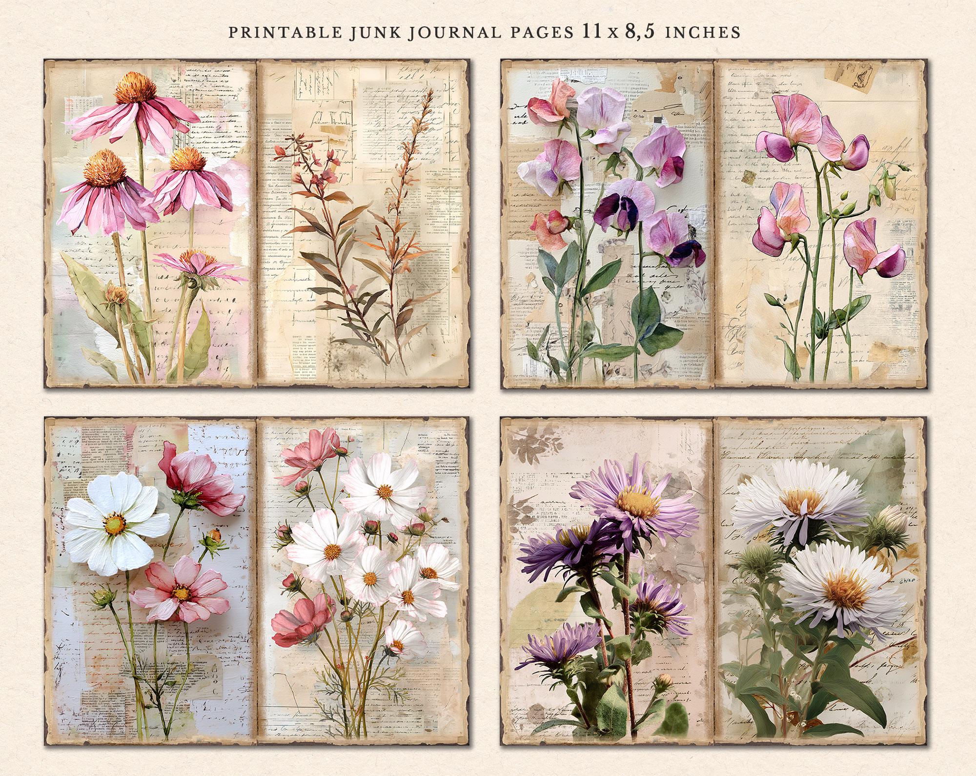 24 Botanical Flowers Junk Journal Pages, Floral Scrapbooking Paper ...
