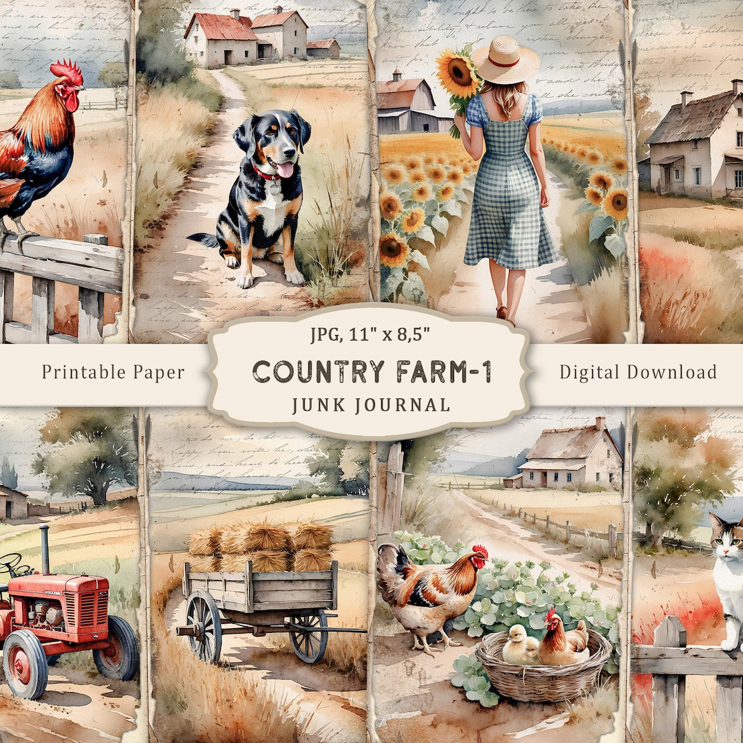 Country Farm-1 Junk Journal Kit, Watercolor Farmhouse Printable Pages ...