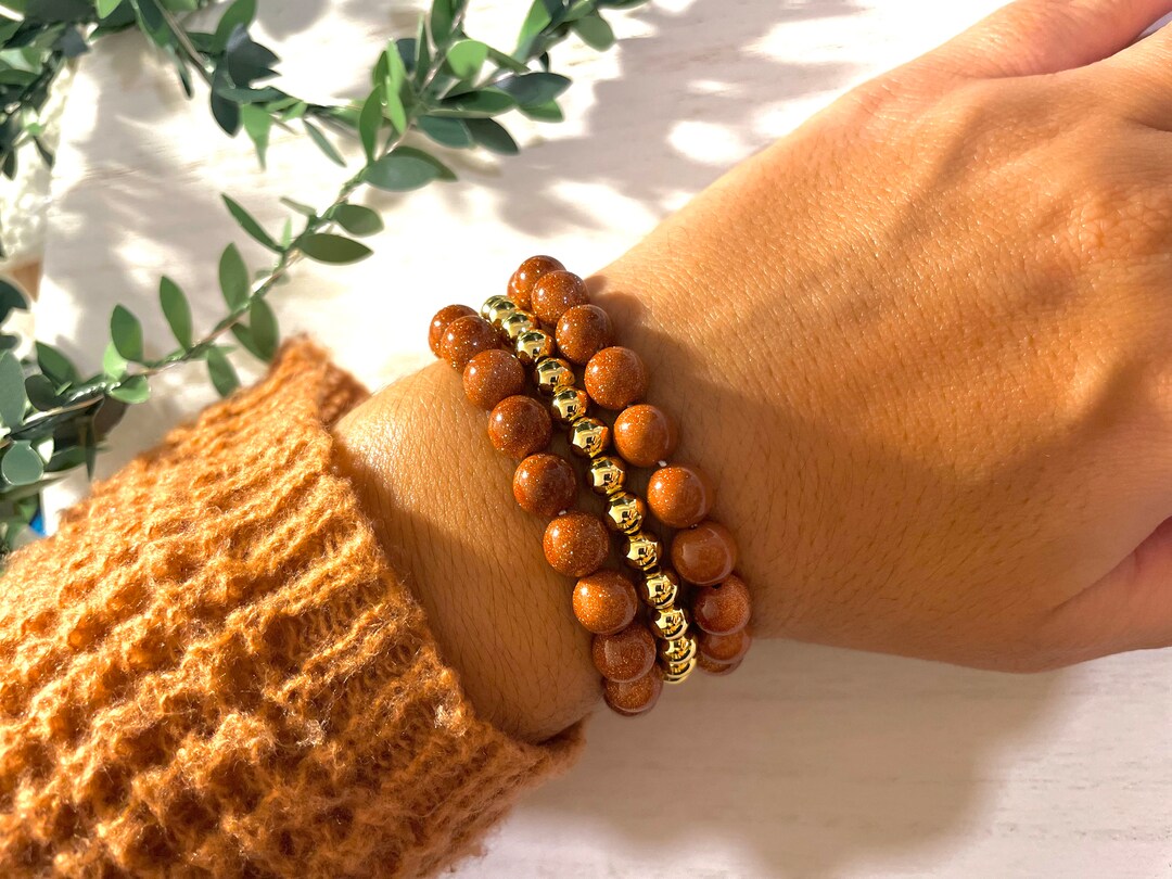 Stacked Sandstone and Gold Beaded Bracelet. Stacking Bracelets. Brown ...
