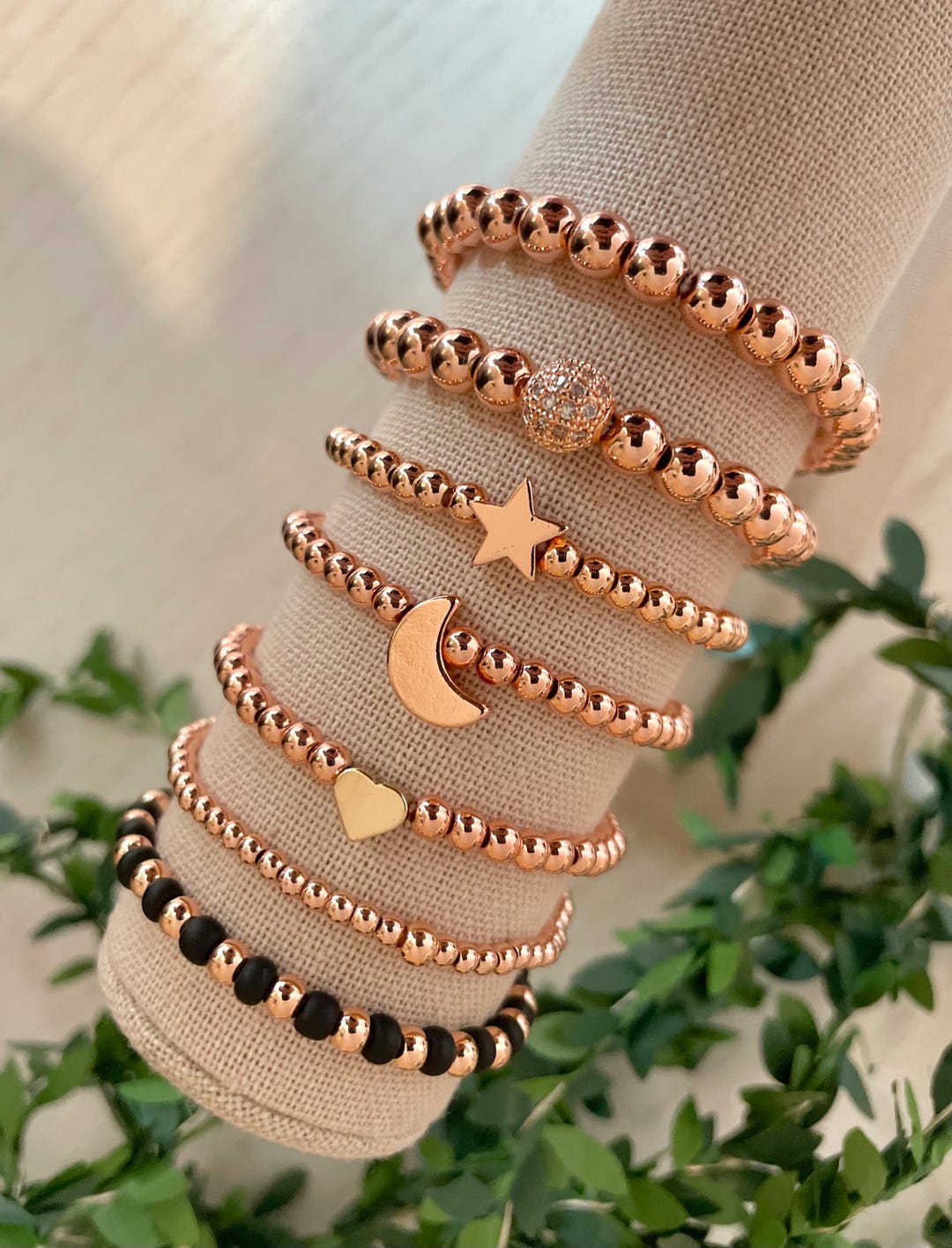 Rose Gold Charm Bracelet Stack: Moon, Star, Heart, Rhinestone - Etsy