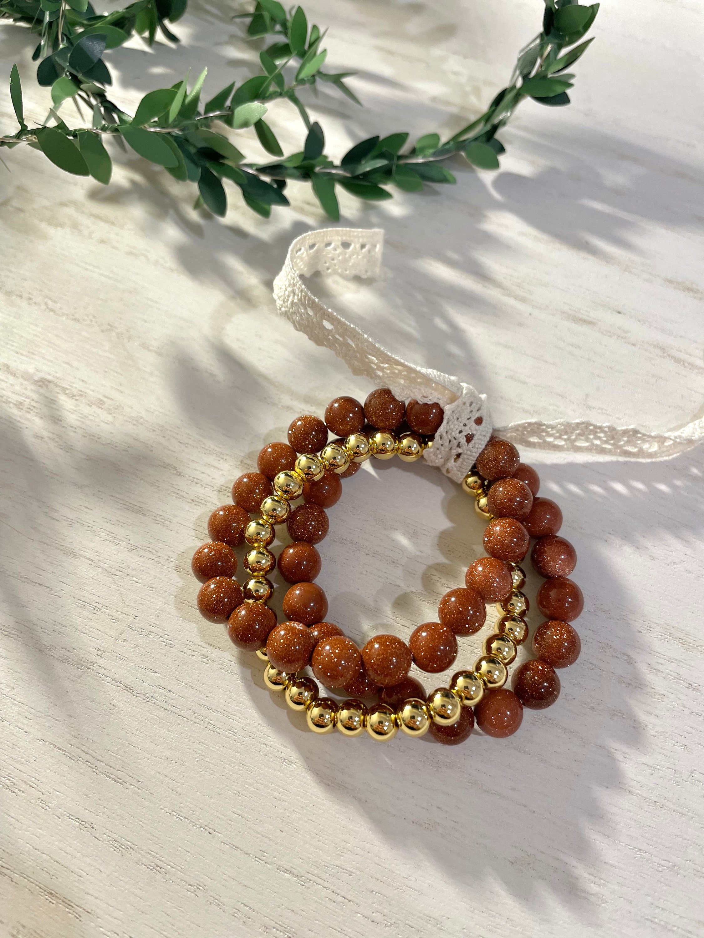 Stacked Sandstone and Gold Beaded Bracelet. Stacking Bracelets. Brown ...