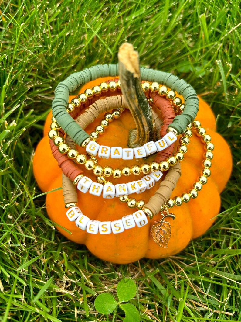 Fall Thanksgiving Bracelet Set Jewelry Thankful Grateful Blessed Gold ...