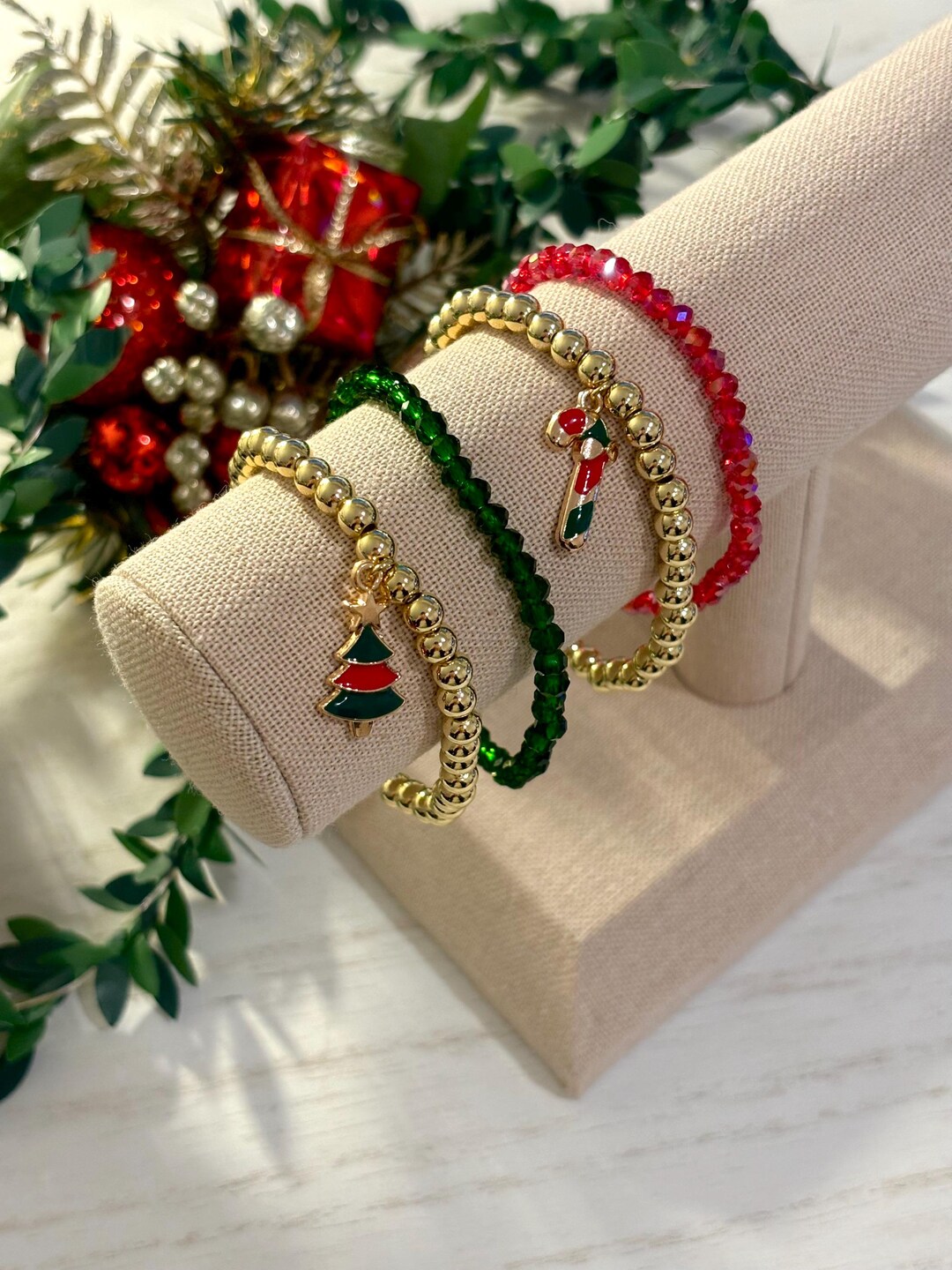 Christmas Bracelets With Christmas Tree Charm and Candy Cane Charm Gold ...
