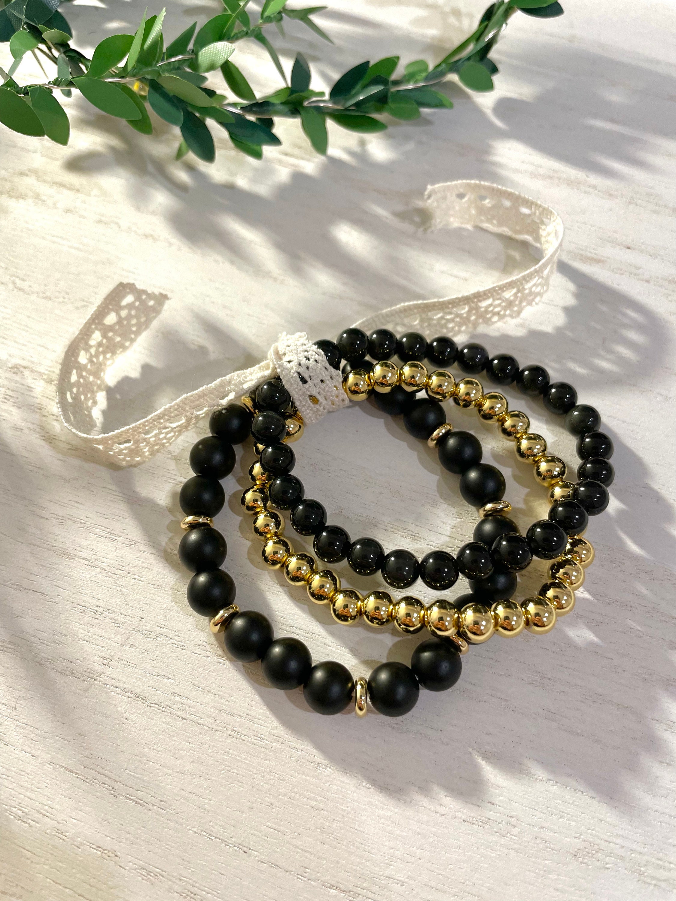 Black and Gold Beaded Bracelet Set - Handcrafted Stacking Bracelets - Etsy