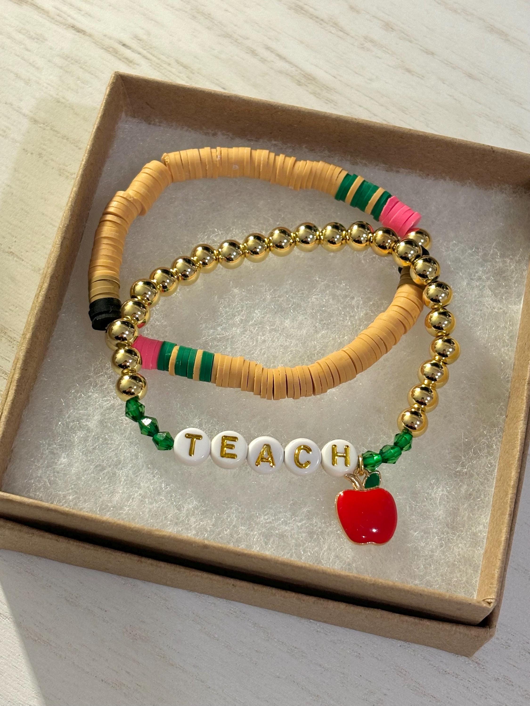 Teacher Bracelet Set Pencil Bracelet Gold Bracelet Apple Charm Back to ...
