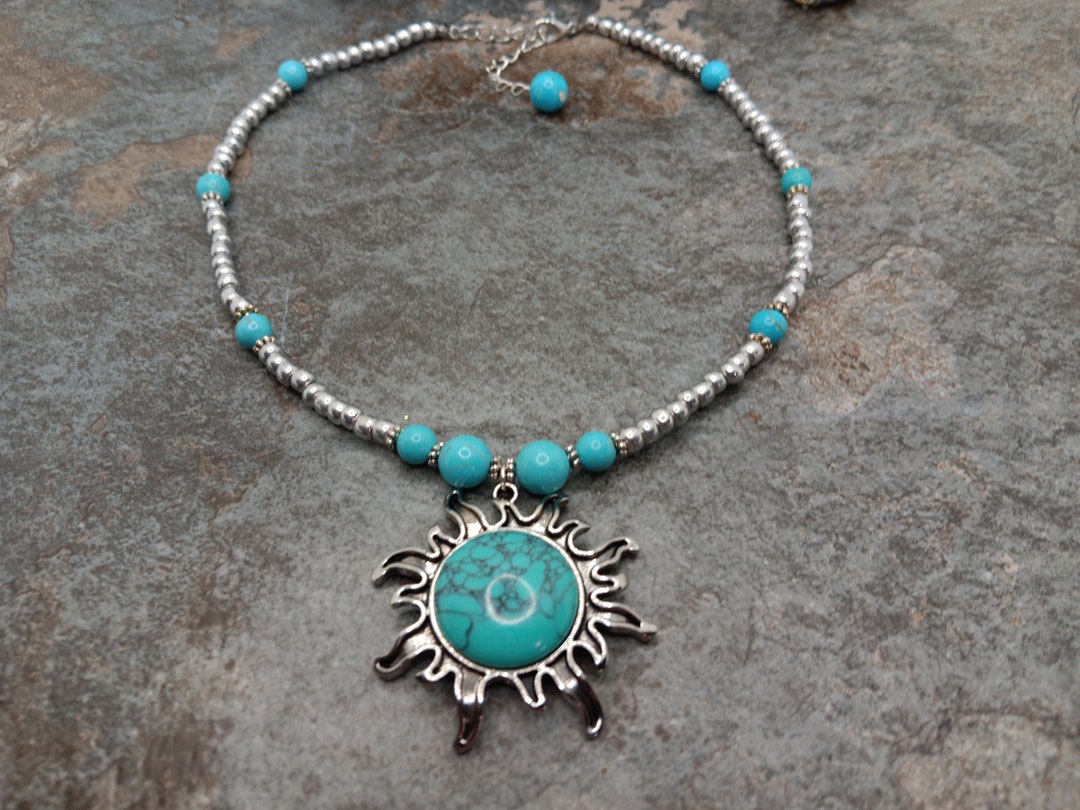 Turquoise Crystal Necklace/ Choker / With Turquoise Sun Charm - Etsy