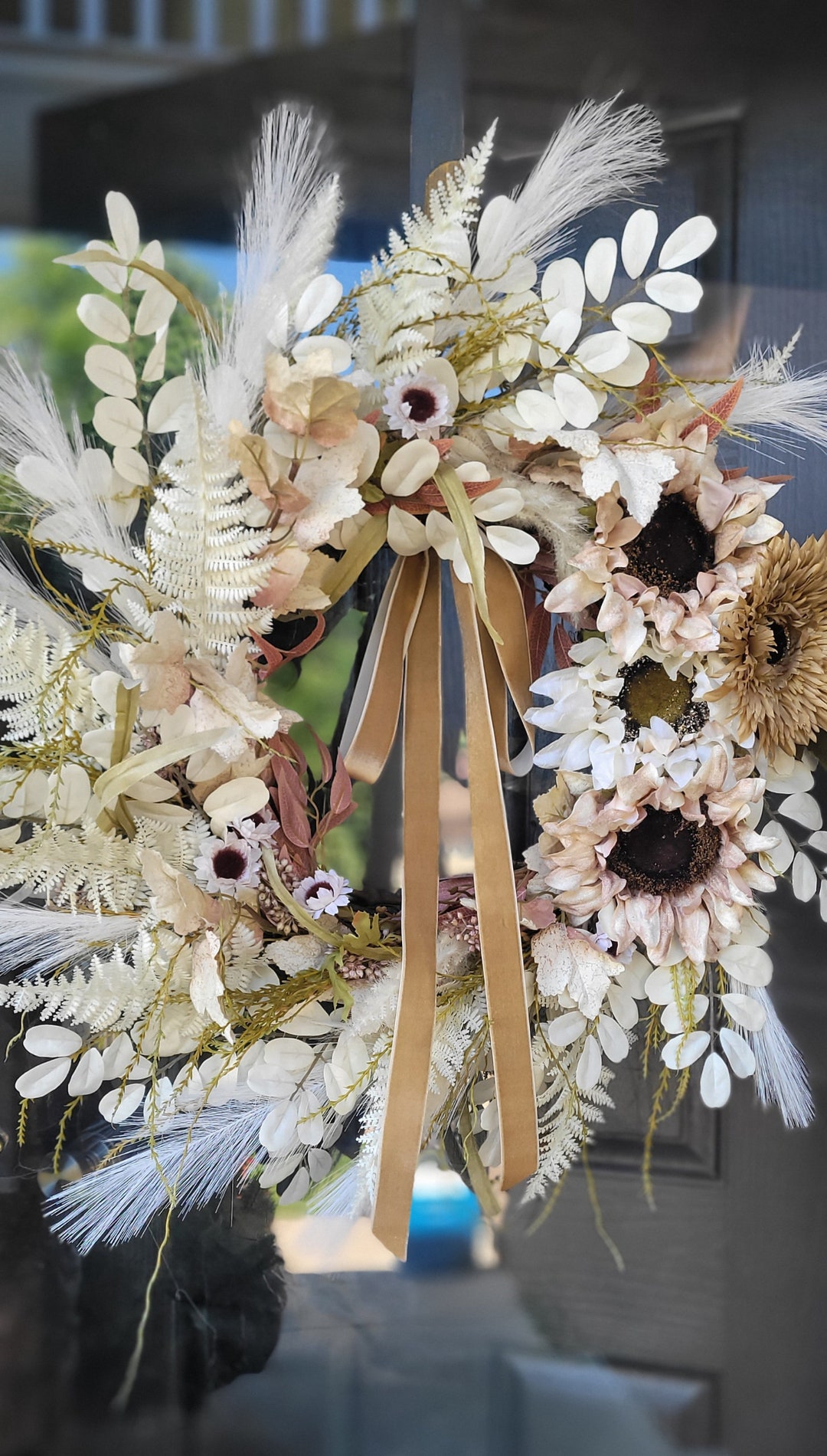 Neutral Fall Sunflower Wreath for Door, Wildflower Wreath, Cream and ...