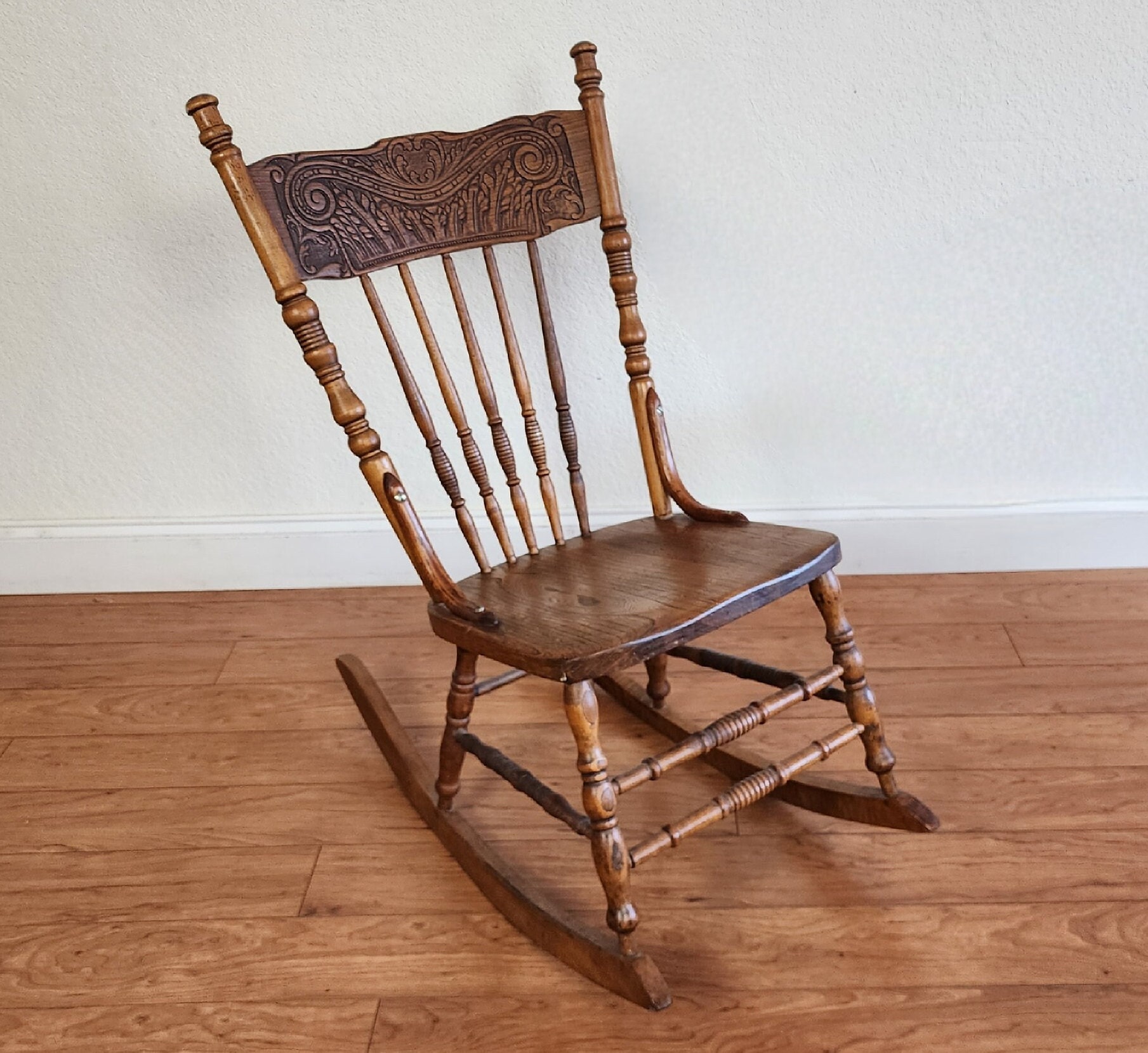 Vintage Solid Oak Carved Back Rocking Chair - Etsy