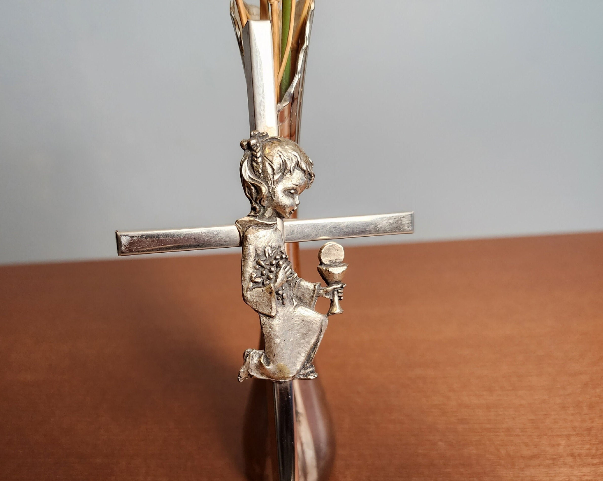 Vintage Metal Cross Wall Hanging With a Girl Holding Communion Cup ...
