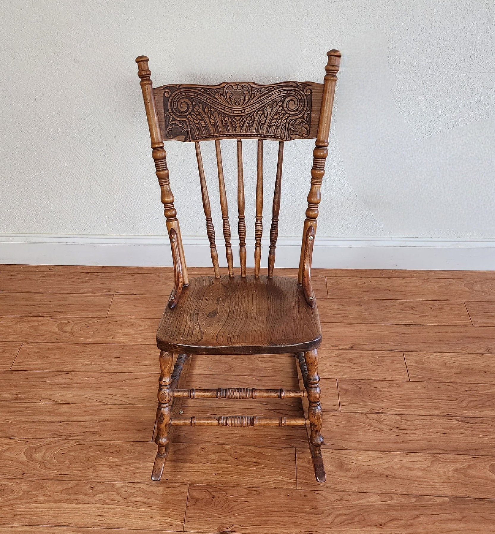 Vintage Solid Oak Carved Back Rocking Chair - Etsy