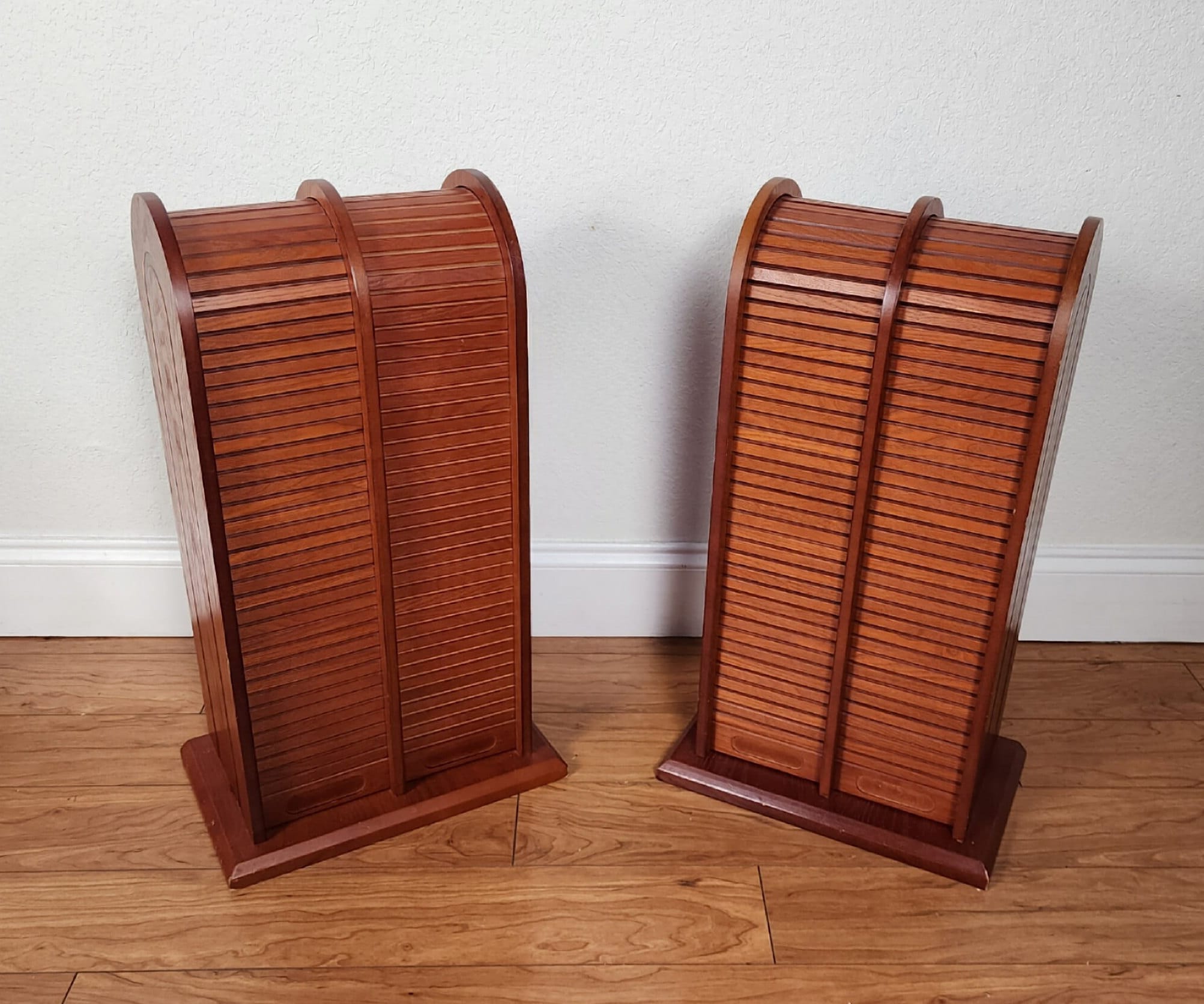 Vintage Teak Wood Desk Organizer, CD Storage, Roll Top Tambour Storage ...