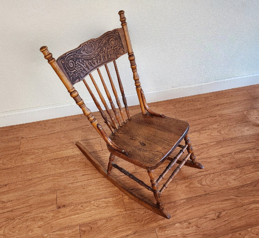 Vintage Solid Oak Carved Back Rocking Chair - Etsy