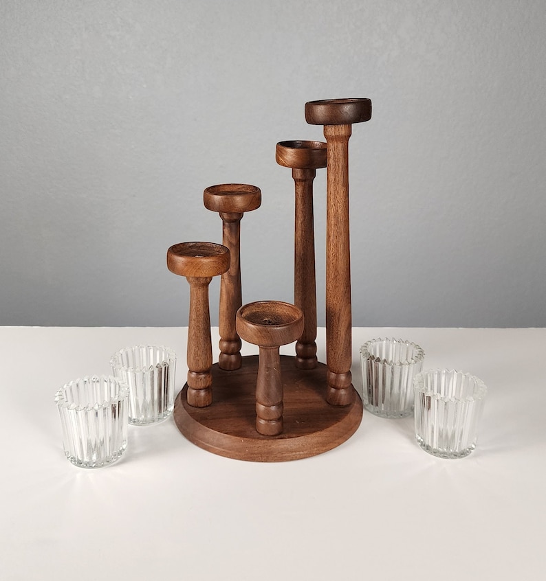 Vintage Wooden Handmade Multi Tier Candle Holder With Cut Glass Votive ...