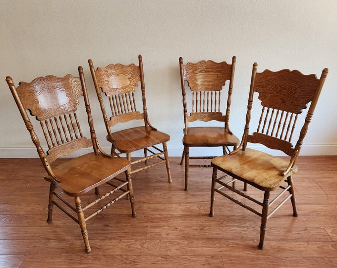 Vintage Solid Oak Carved Pressed Back Dining Chairs, Set of 4 - Etsy