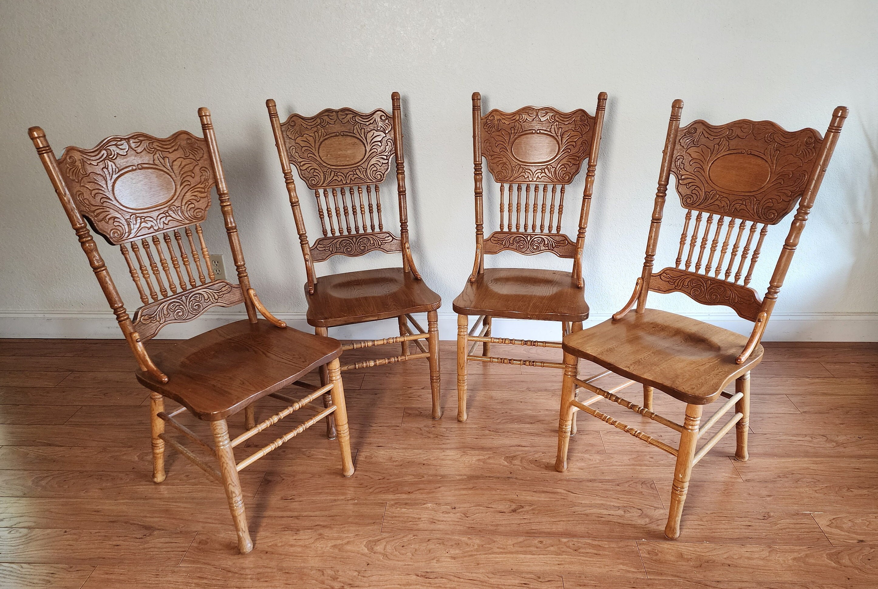 Vintage Solid Wood Carved Pressed Back Dining Chairs Set of 4 Etsy