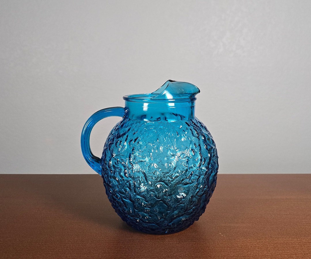 Vintage Blue Crinkle Glass Pitcher 96oz - Etsy