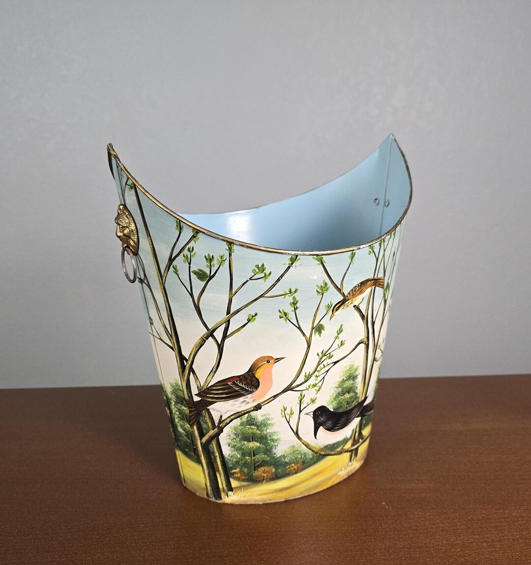 Vintage Hand Painted Trash Bin, Trash Can With Painted Birds Floral ...