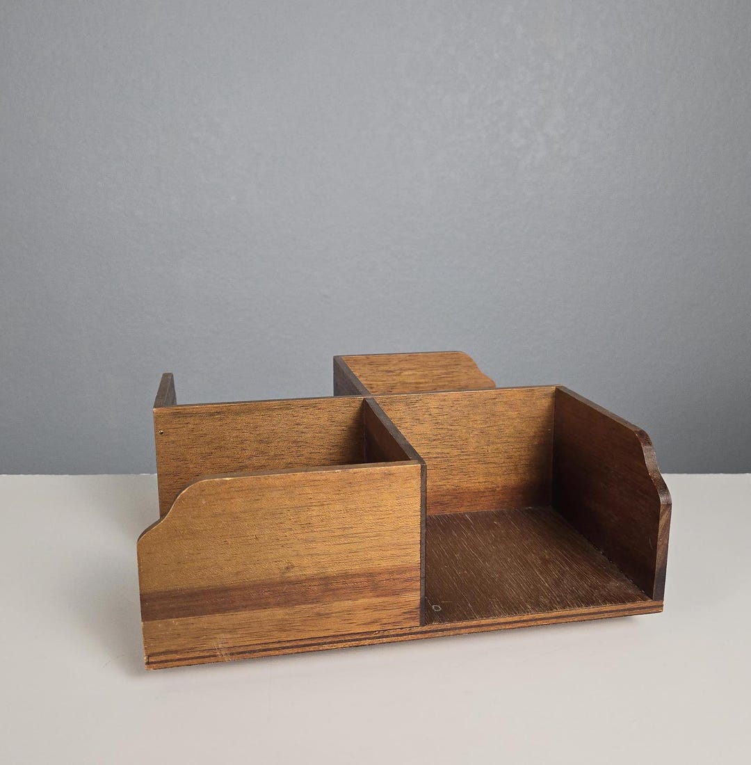 Vintage Wooden Rotating Caddy With Compartments, Folder and Mail ...