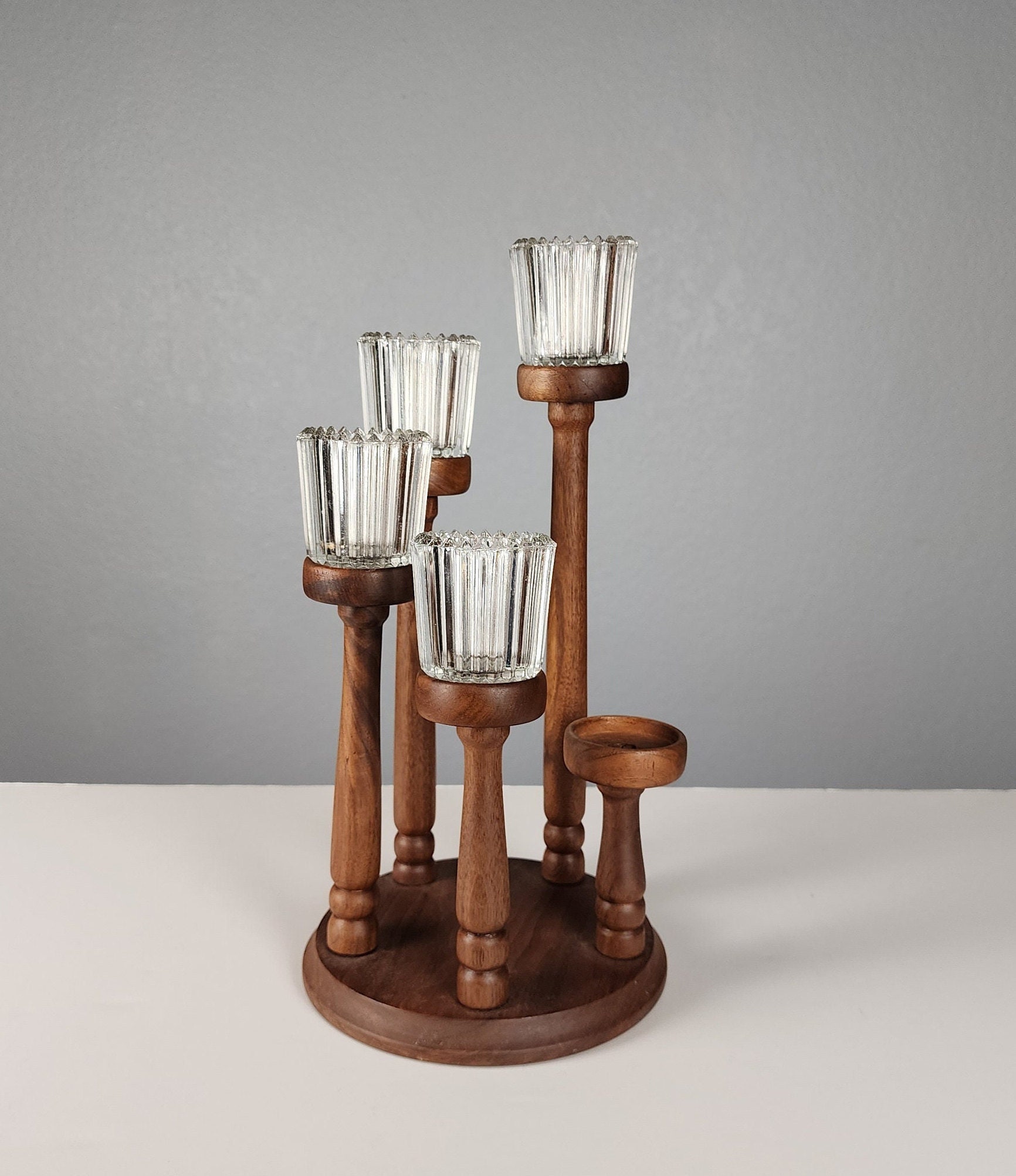 Vintage Wooden Handmade Multi Tier Candle Holder With Cut Glass Votive ...