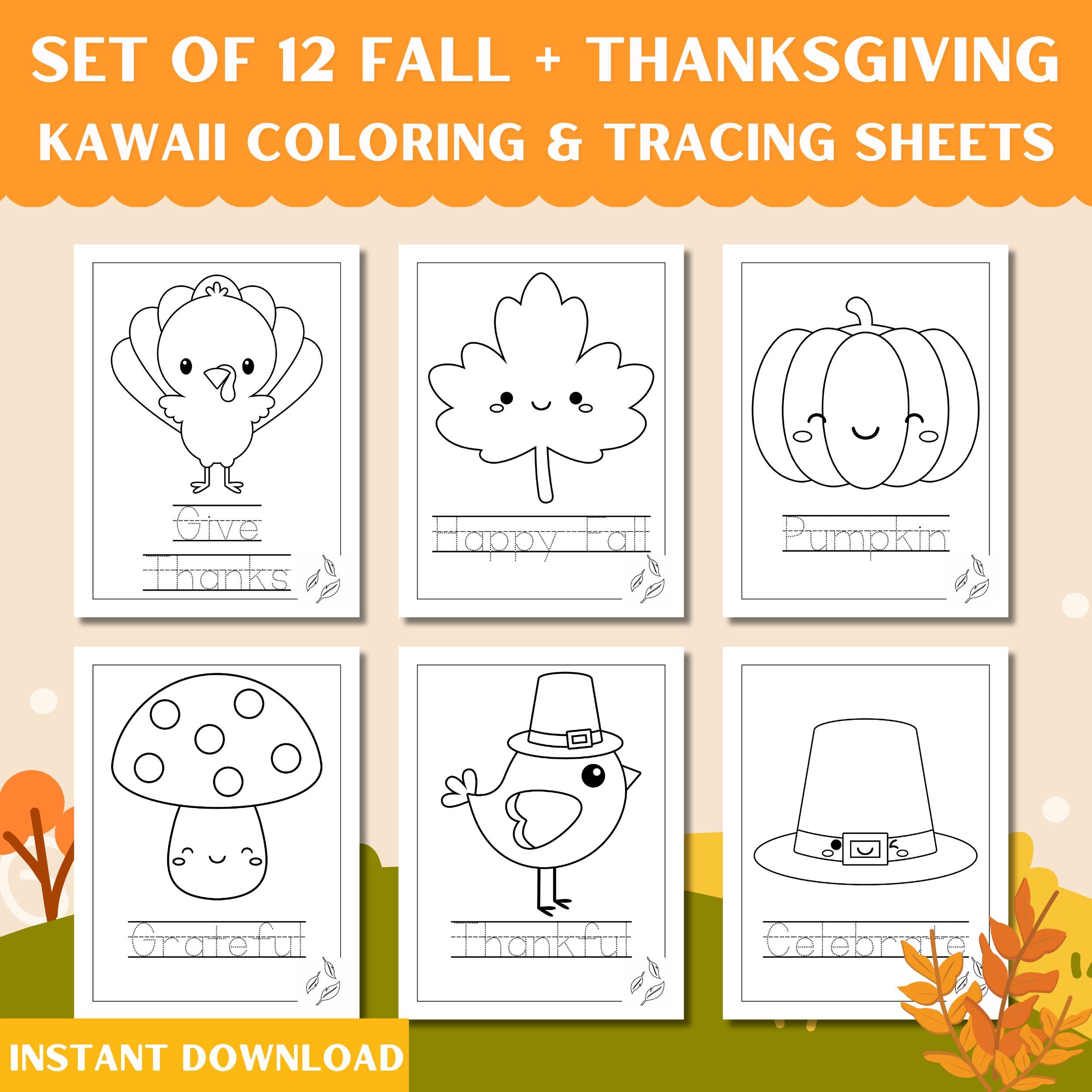 Thanksgiving Coloring Pages for Kids Cute Kawaii Fall Printable Tracing ...