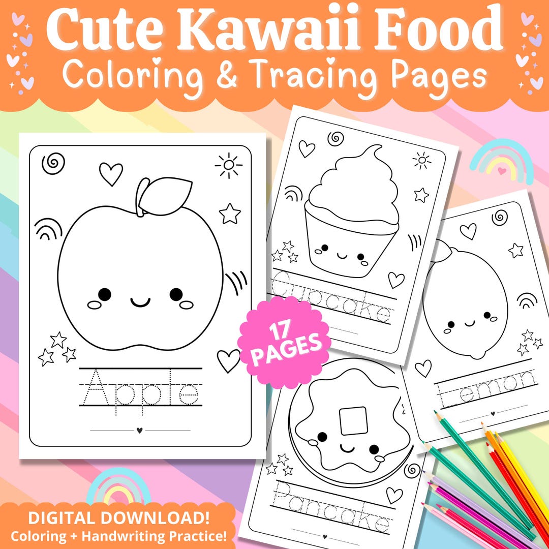 Easy Kawaii Food Coloring Pages for Kids Printable Tracing Worksheets ...