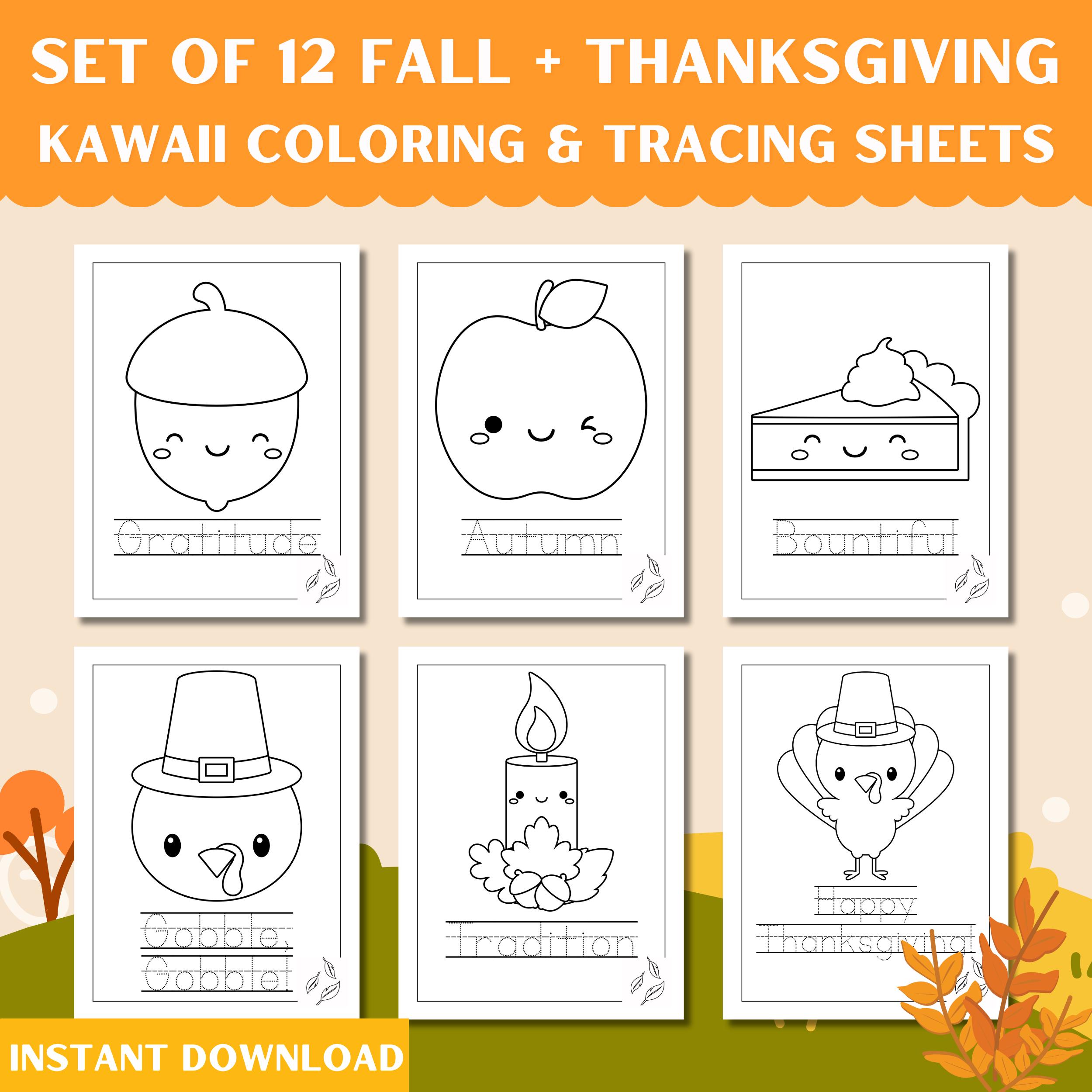 Thanksgiving Coloring Pages for Kids Cute Kawaii Fall Printable Tracing ...