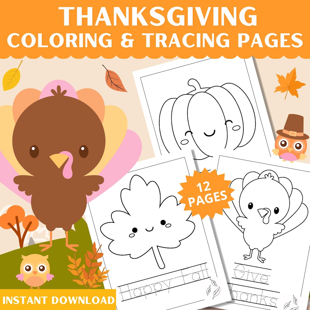 Thanksgiving Coloring Pages for Kids Cute Kawaii Fall Printable Tracing ...