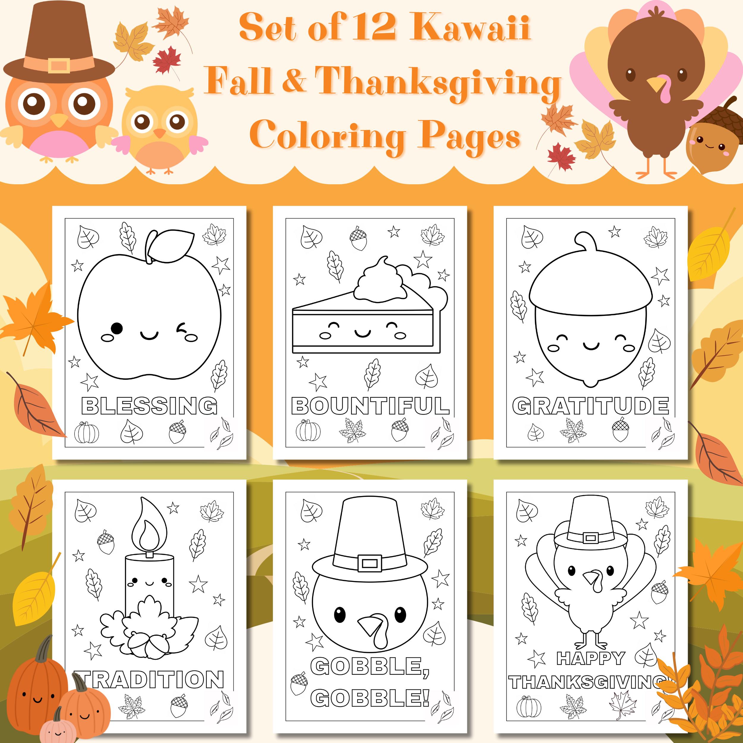 Thanksgiving Kawaii Coloring Pages for Kids Cozy Fall Printable ...