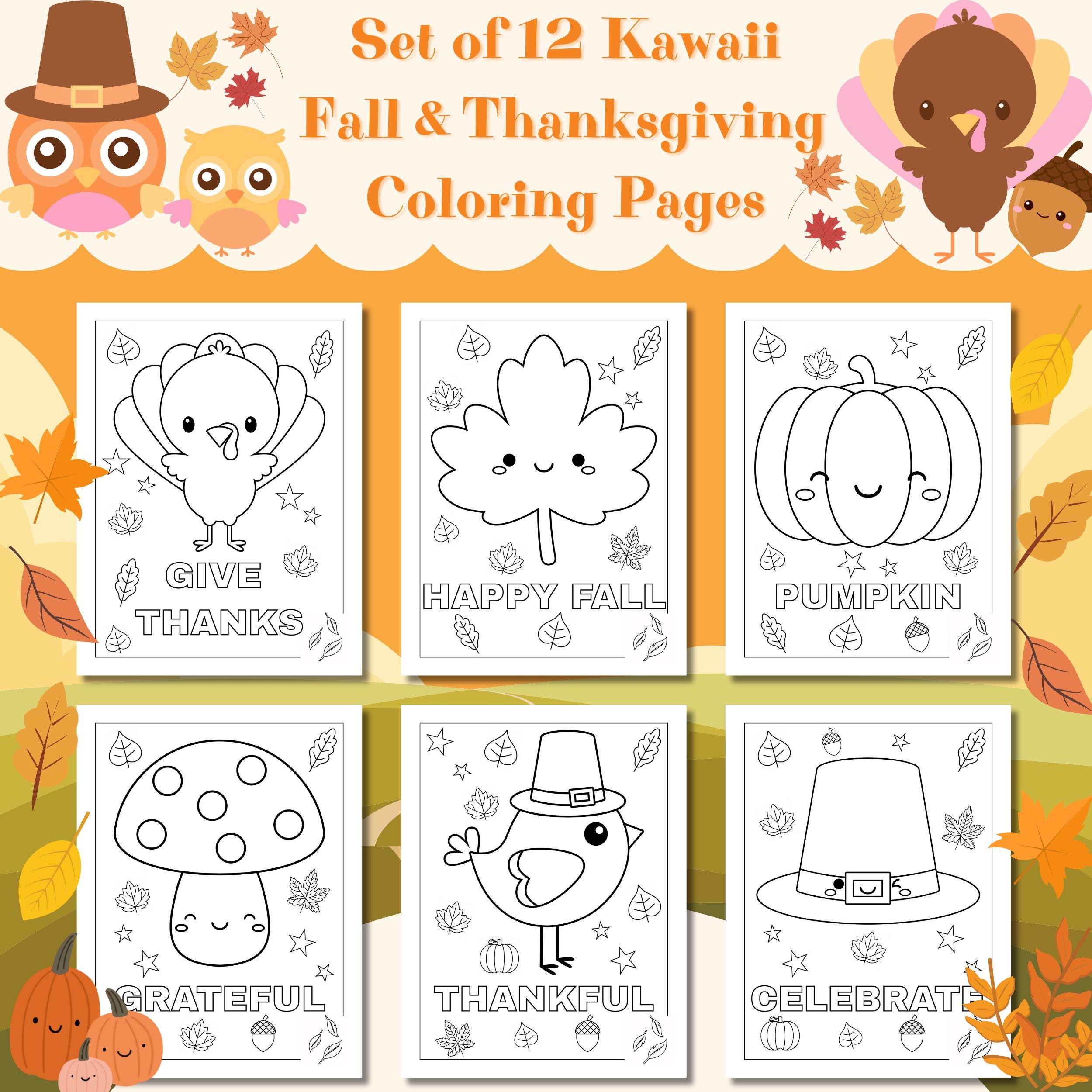 Thanksgiving Kawaii Coloring Pages for Kids Cozy Fall Printable ...