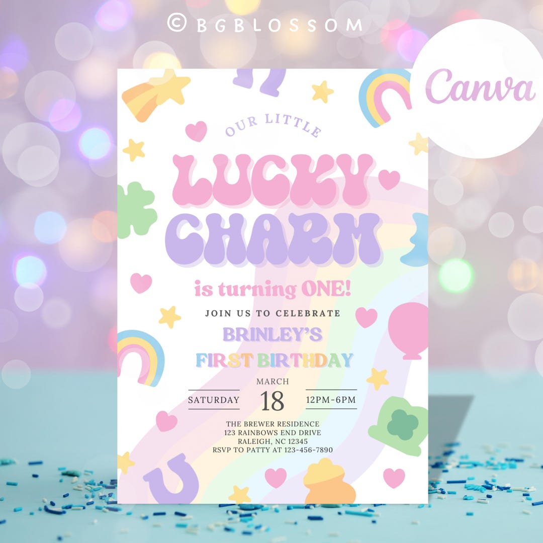 Editable Lucky Charm 1st Birthday Invitation, St. Patrick’s Day Pastel ...