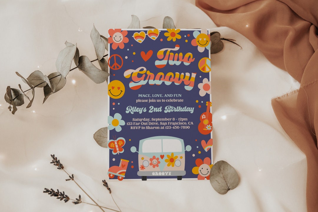 Editable Too Groovy Birthday Party Invitation, 70's Hippie Peace ...
