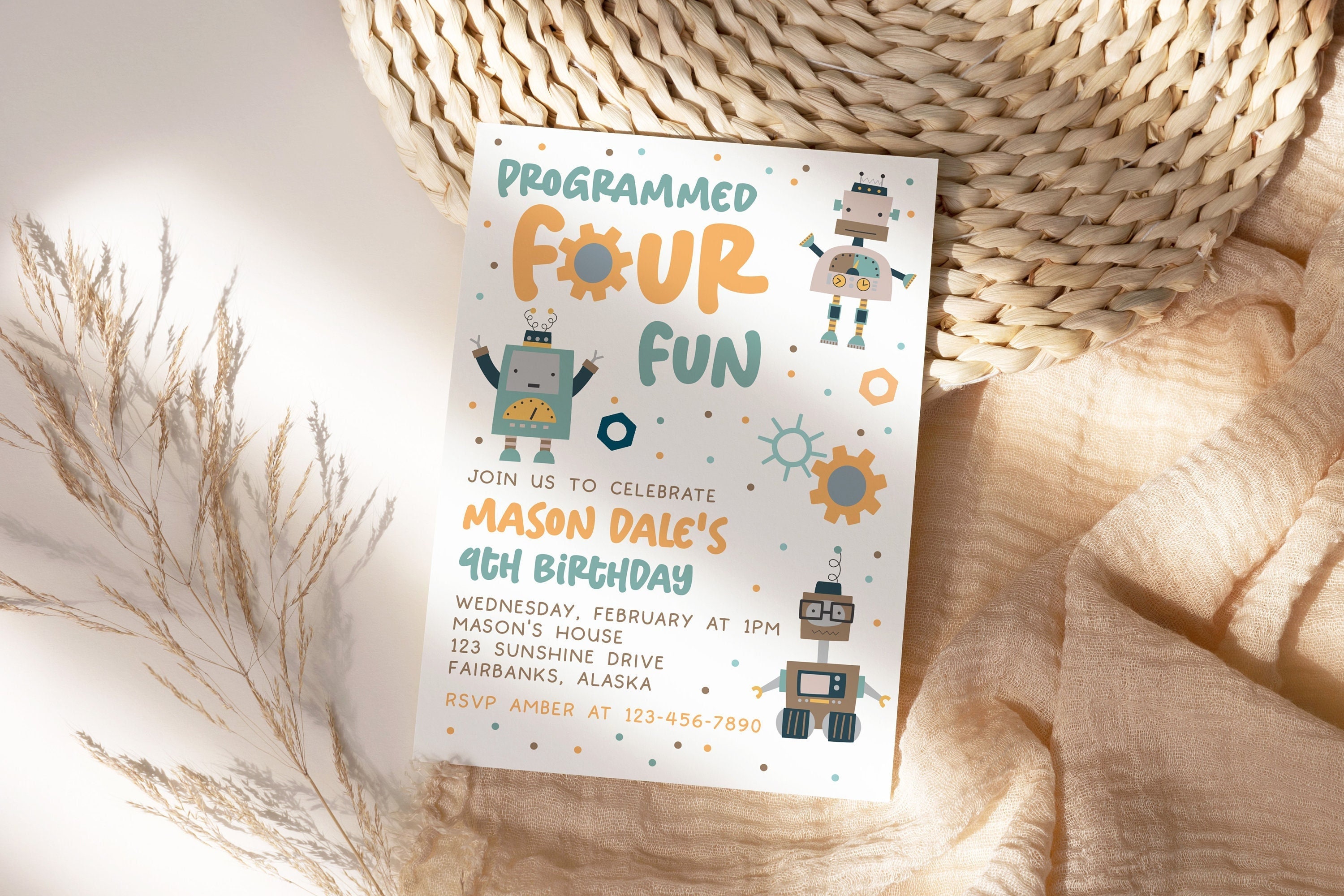 Editable Programmed Four Fun Birthday Party Invitation, Robot Birthday ...
