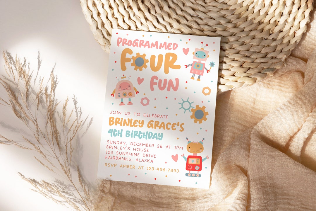 Editable Programmed Four Fun Birthday Party Invitation Robot - Etsy