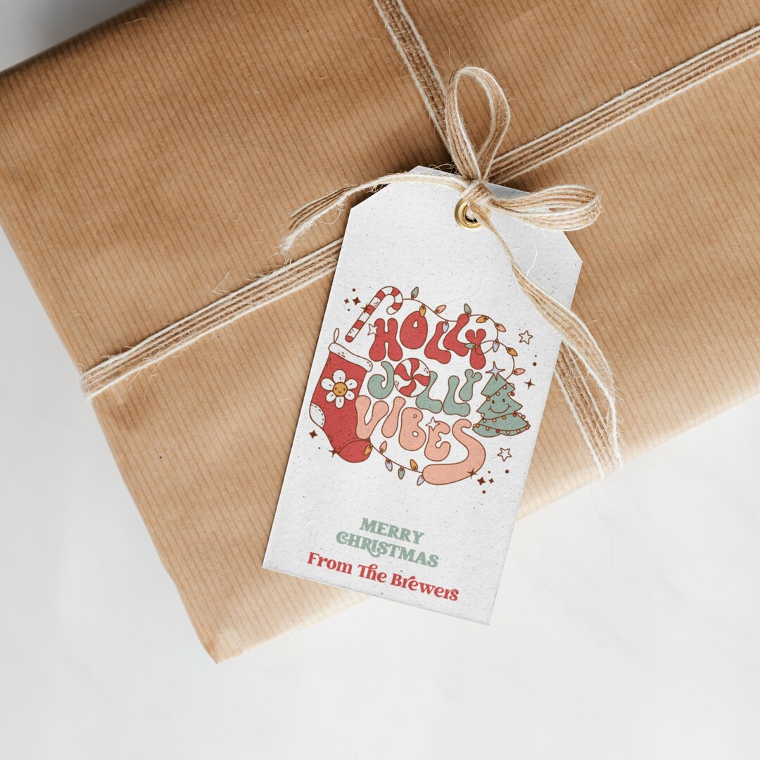 Editable Christmas Gift Tag, Holly Jolly Vibes Groovy Gift Tag Template ...