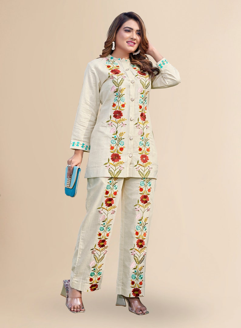 Floral Embroidered Linen Top With Trouser - Etsy