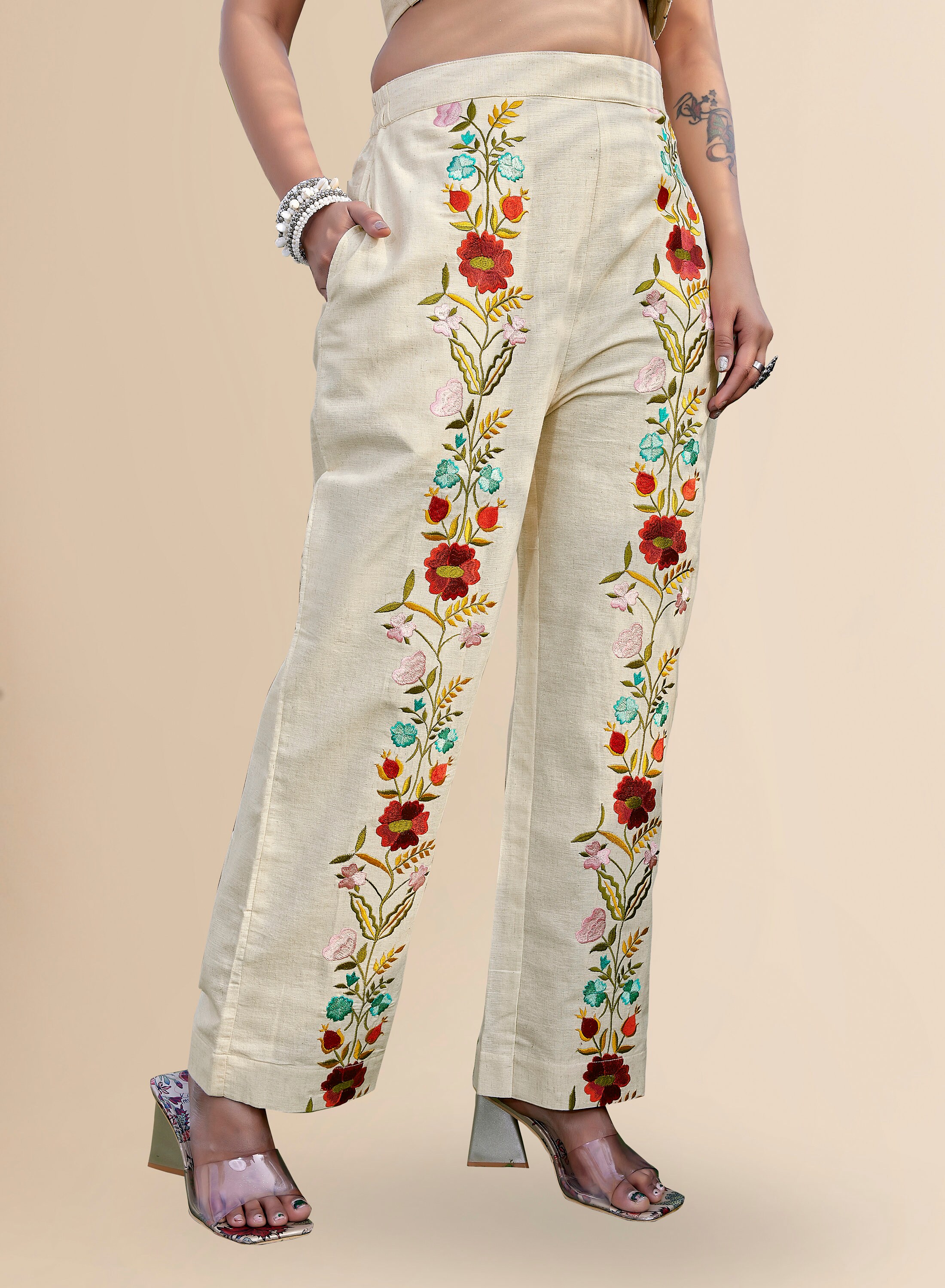 Floral Embroidered Linen Top With Trouser - Etsy