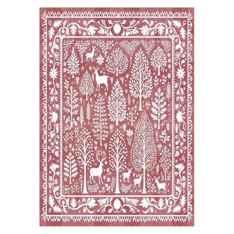 Red & White Forest Deer Holiday Card - Folk Art Stationery - Etsy