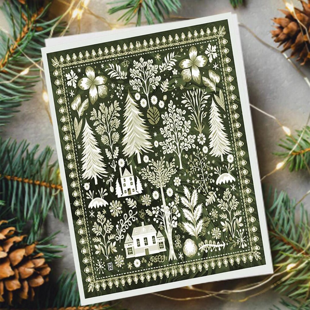 Winter Holiday Card Green and White Forest, Castles, Folk Art Style 5x7 ...