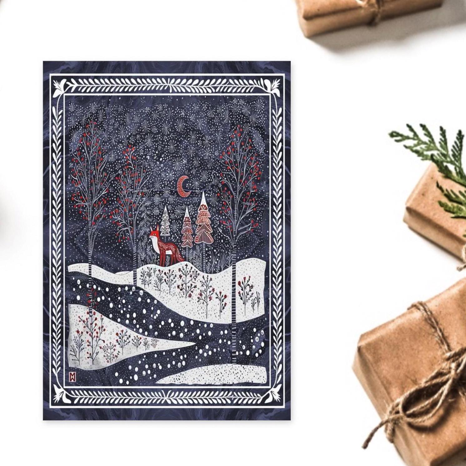 Winter Fox Note Cards - Folk Art Snowy Night Stationery - Etsy