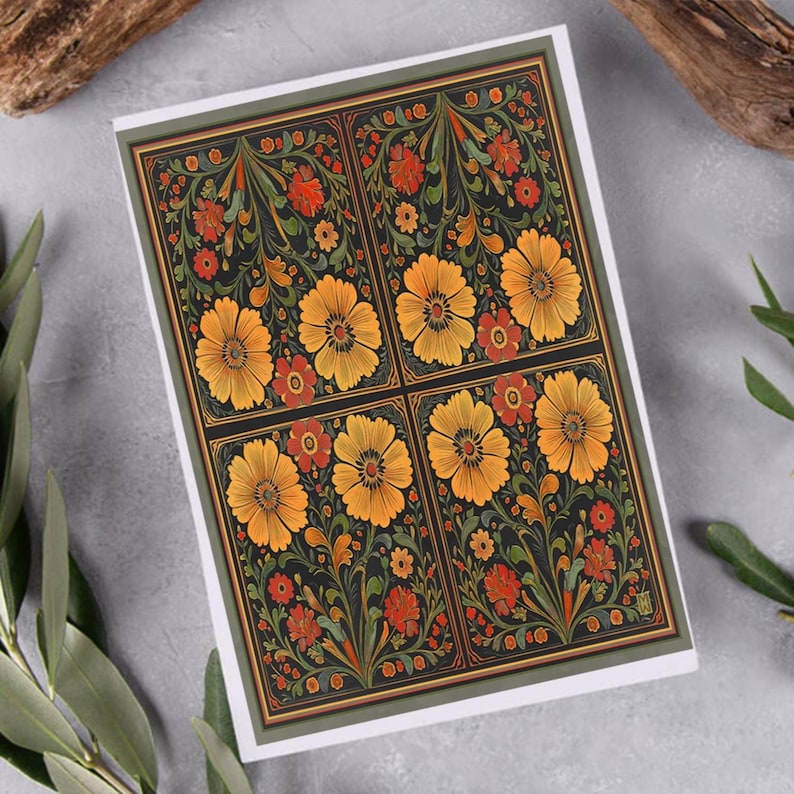 Folk Art Nouveau Greeting Cards | Dark Floral Mod Retro Style (5x7 ...
