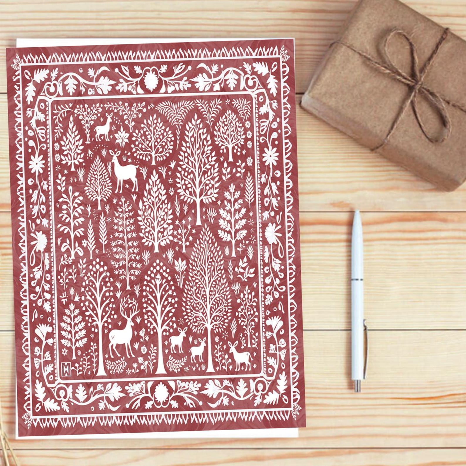 Red & White Forest Deer Holiday Card - Folk Art Stationery - Etsy